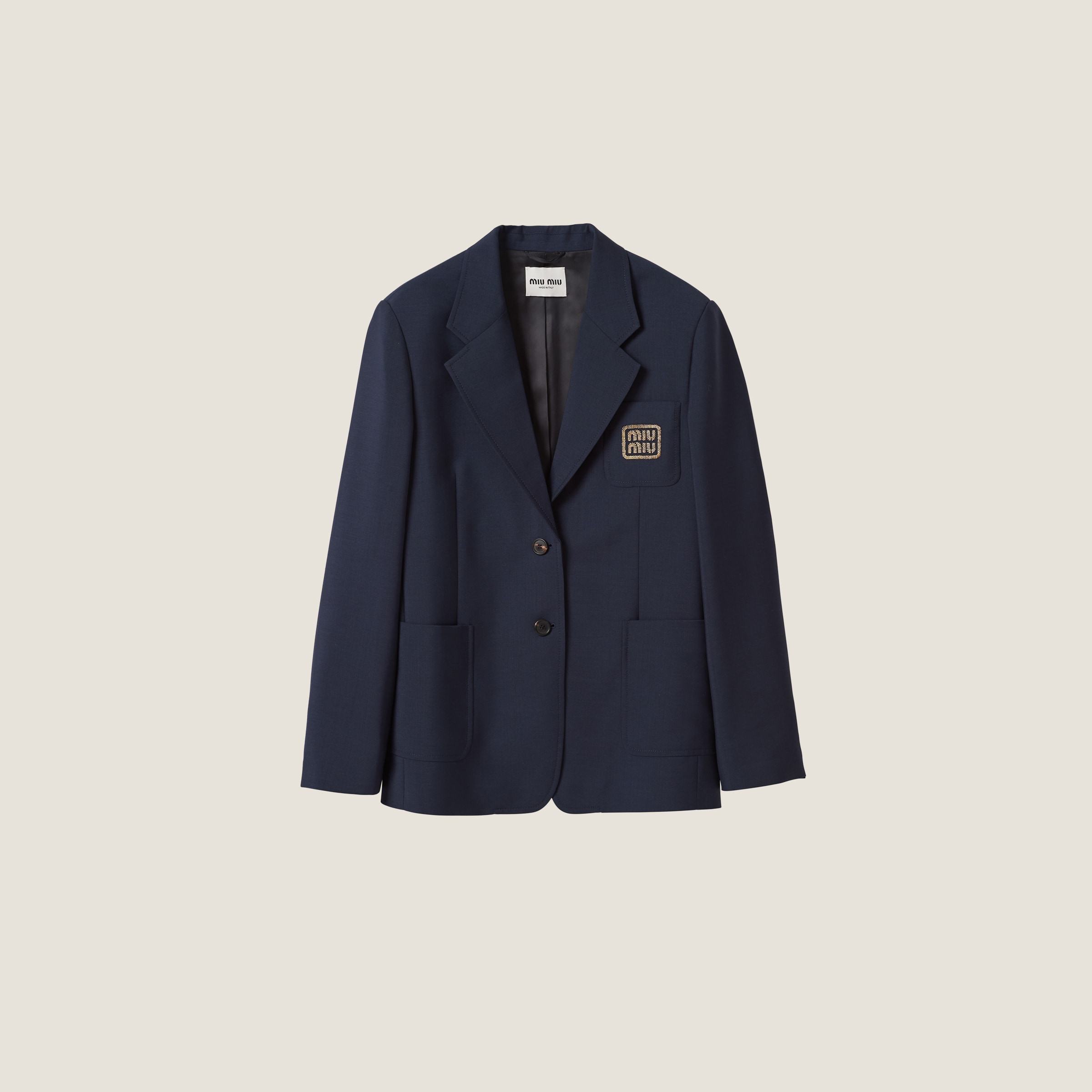 25SS Miu Miu シングルブレスト ギャバジン ジャケット ネイビー Miu Miu Single-Breasted Mohair Jacket - Navy Blue/Yellow Gold